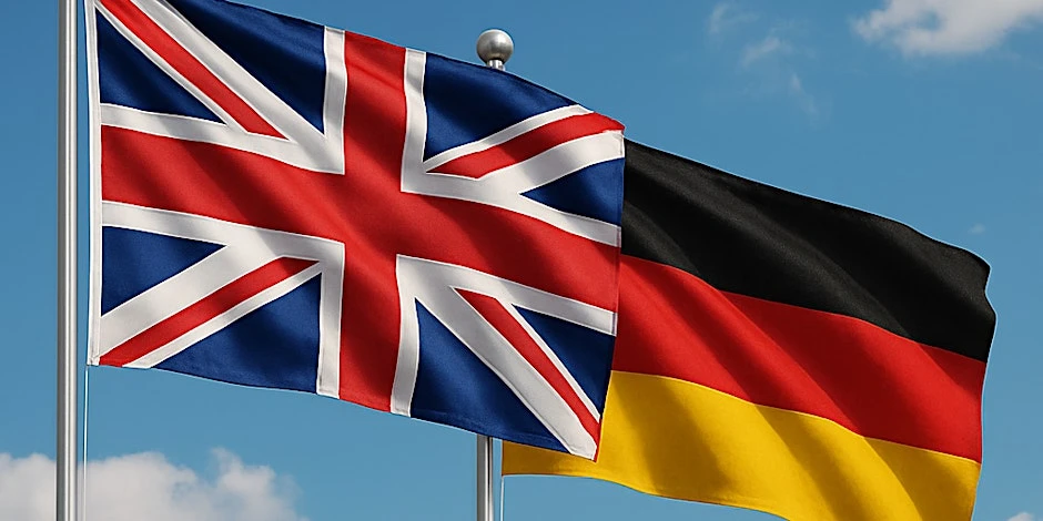 Two flags, one of the United Kingdom and the other of Germany.