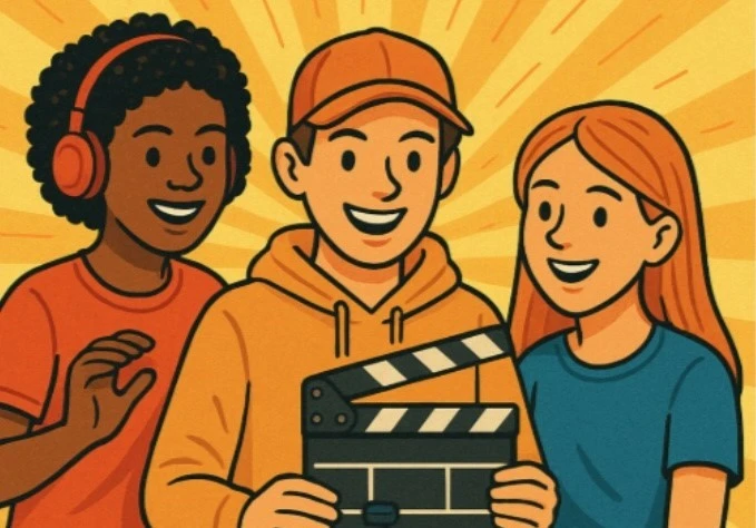 Cartoon image of three young people holding a clapperboard, with an ...
